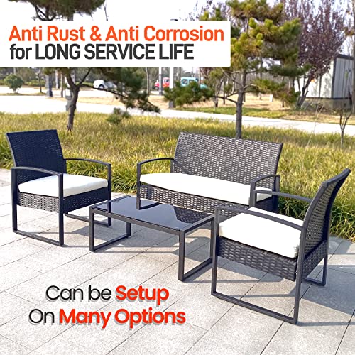 SereneLife 4 Piece Conversation/Chat Set, Outdoor Living Rattan Furniture, includes 1 Double & 2 Single Chairs with Cushion & 1 Glass-top Coffee Table, Black