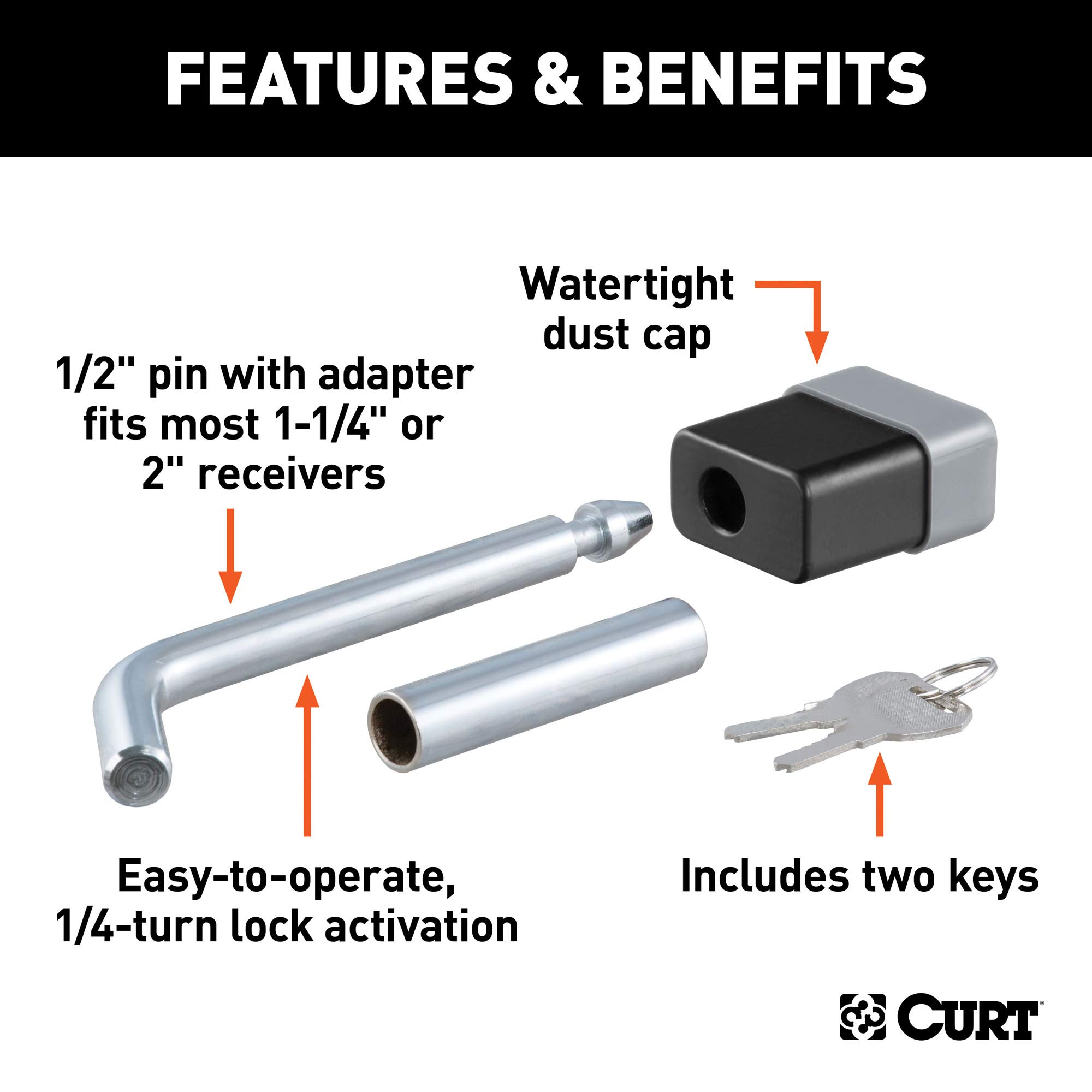 CURT 23024 Trailer Hitch Lock, 1/2-Inch Pin Diameter, 5/8-Inch Adapter, Fits 1-1/4 or 2-Inch Receiver