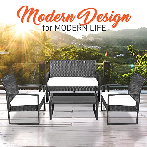 SereneLife 4 Piece Conversation/Chat Set, Outdoor Living Rattan Furniture, includes 1 Double & 2 Single Chairs with Cushion & 1 Glass-top Coffee Table, Black