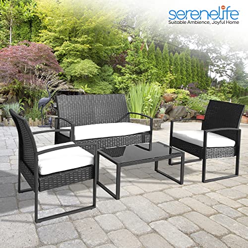 SereneLife 4 Piece Conversation/Chat Set, Outdoor Living Rattan Furniture, includes 1 Double & 2 Single Chairs with Cushion & 1 Glass-top Coffee Table, Black