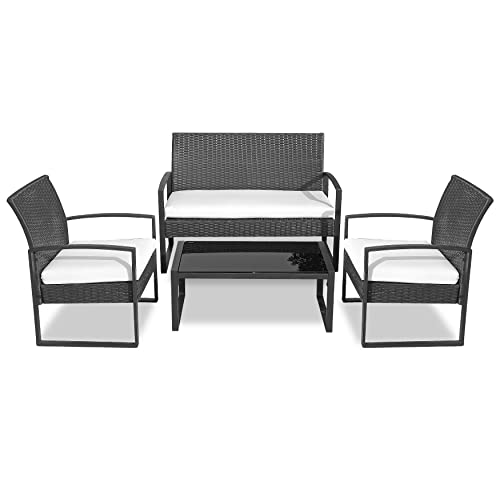 SereneLife 4 Piece Conversation/Chat Set, Outdoor Living Rattan Furniture, includes 1 Double & 2 Single Chairs with Cushion & 1 Glass-top Coffee Table, Black