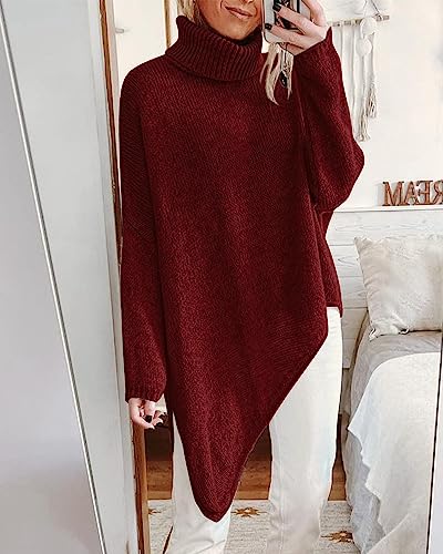 BTFBM Women Long Sleeve Turtleneck Knit Sweater Oversized Fall Winter Sweaters Casual Pullover Jumper Tops(Solid Wine Red, Large)