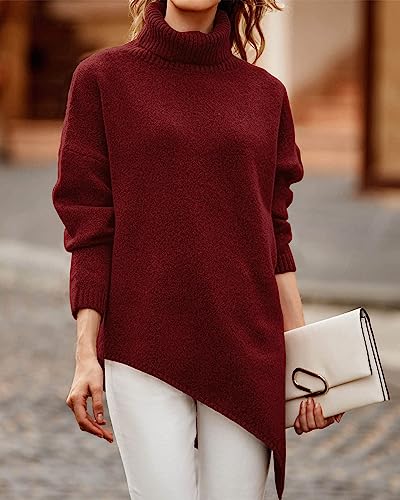 BTFBM Women Long Sleeve Turtleneck Knit Sweater Oversized Fall Winter Sweaters Casual Pullover Jumper Tops(Solid Wine Red, Large)