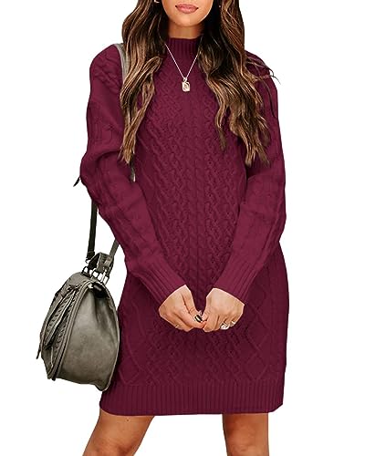 FSHAOES Womens Turtleneck Cable Knit Sweater Dress Fall Winter Long Sleeve Bodycon Mini Dresses Solid Long Pullover Jumper Wine Red