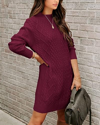 FSHAOES Womens Turtleneck Cable Knit Sweater Dress Fall Winter Long Sleeve Bodycon Mini Dresses Solid Long Pullover Jumper Wine Red