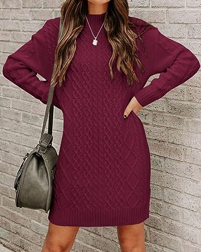 FSHAOES Womens Turtleneck Cable Knit Sweater Dress Fall Winter Long Sleeve Bodycon Mini Dresses Solid Long Pullover Jumper Wine Red