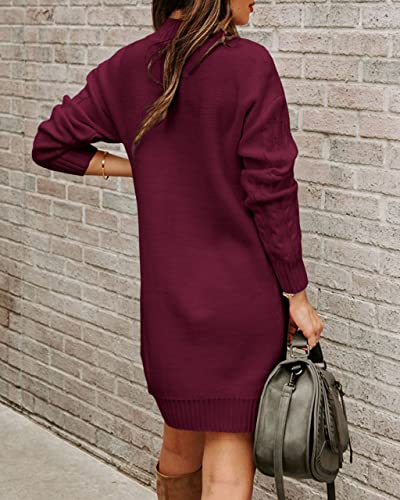 FSHAOES Womens Turtleneck Cable Knit Sweater Dress Fall Winter Long Sleeve Bodycon Mini Dresses Solid Long Pullover Jumper Wine Red
