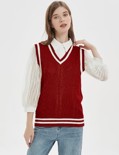 Gihuo Women's V Neck Sweater Vest Uniform Cable Knit Sleeveless Sweater (Wine, Small)
