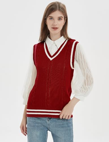 Gihuo Women's V Neck Sweater Vest Uniform Cable Knit Sleeveless Sweater (Wine, Small)