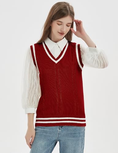 Gihuo Women's V Neck Sweater Vest Uniform Cable Knit Sleeveless Sweater (Wine, Small)