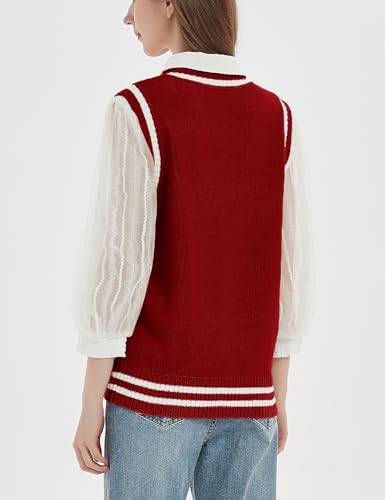 Gihuo Women's V Neck Sweater Vest Uniform Cable Knit Sleeveless Sweater (Wine, Small)