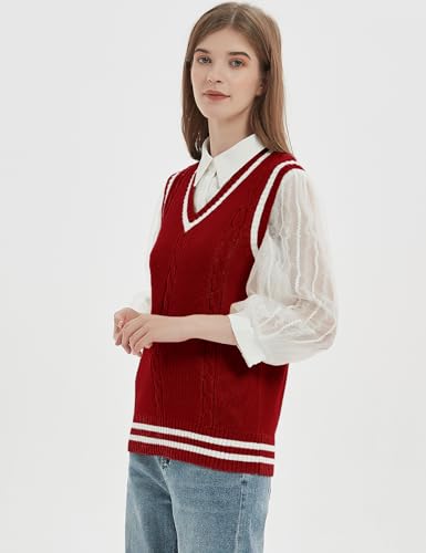 Gihuo Women's V Neck Sweater Vest Uniform Cable Knit Sleeveless Sweater (Wine, Small)