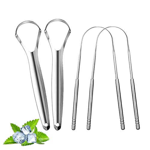 Yiwafu 4 Pack Tongue Scraper,Stainless Steel Tongue Cleaners,Tongue Scraper for Adults, Reduce Bad Breath and Fresh Breath(Silver)