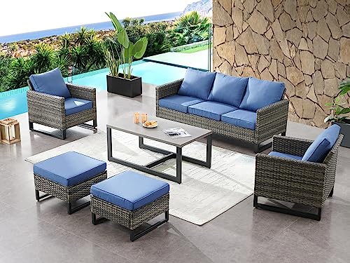 HUMMUH 6 Piece Patio Furniture All Weather Wicker Outdoor Sectional Sofa,High Back Patio Chairs,Coffee Table and Ottomans Set for Porch,Garden,Backyard