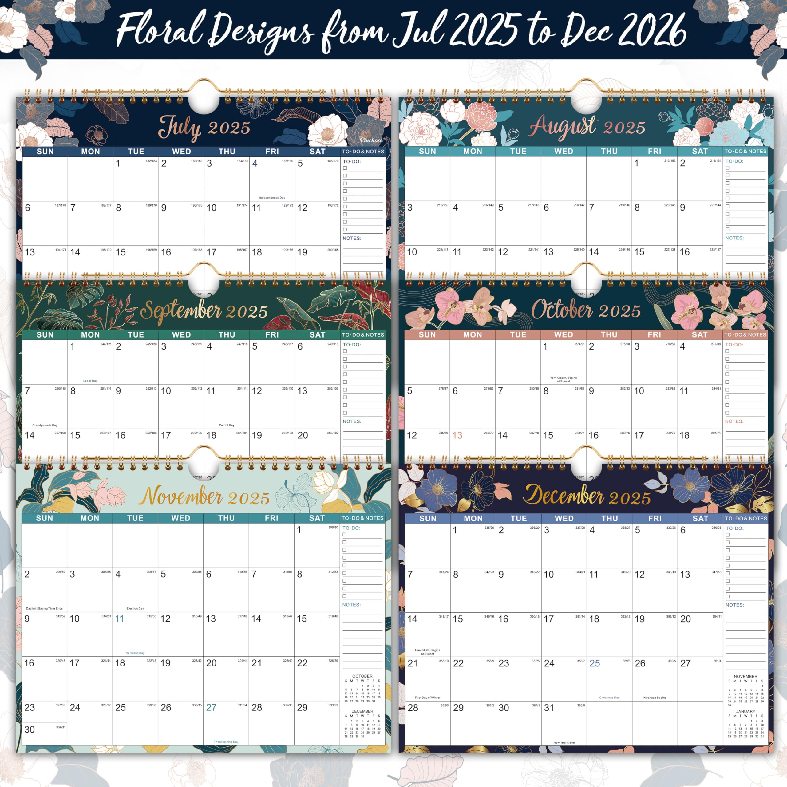 2025-2026 Calendar - Wall Calendar 2025-2026, Jul.2025 - Dec.2026, 8.5" x 11", 2025-2026 Wall Calendar with Twin-Wire Binding, Hanging Hook, Unruled Block - Engraved Art Floral