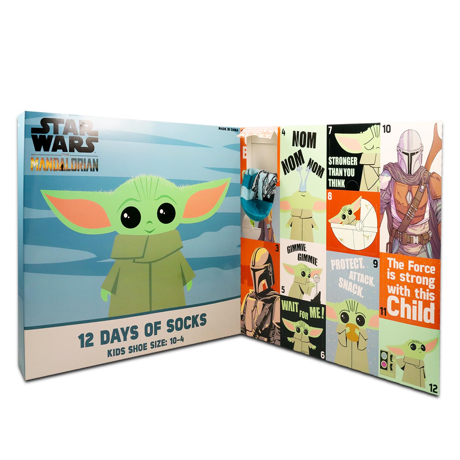 Baby Yoda Countdown to Christmas Advent Calendar Sock Set - Bundle of 12 Pair of Star Wars Socks Kid Size 10-4 and Stickers | Mandalorian Sock Box Set