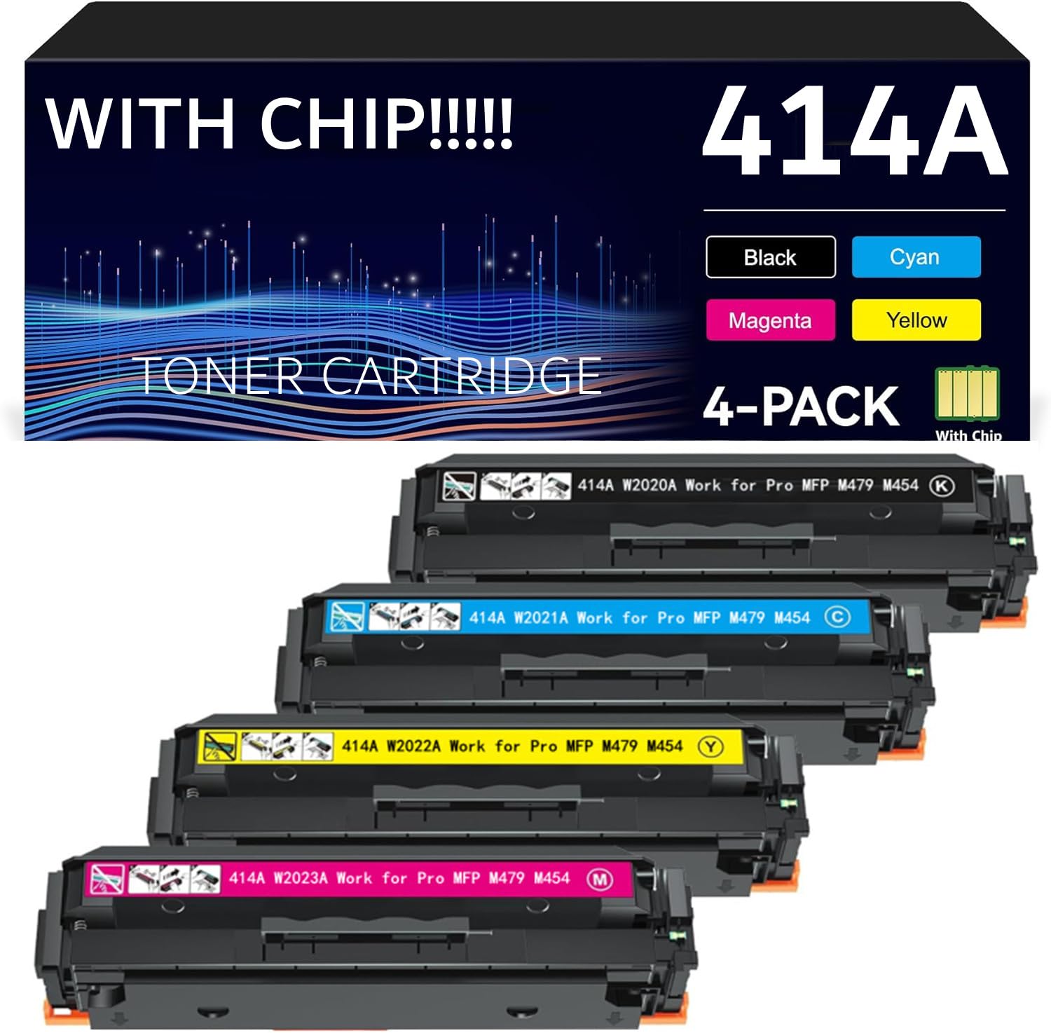 (with Chip) 414a Toner Cartridges 4 Pack Replacement for HP 414A 414 A 414X 414 X Toner Cartridges Works with HP Color Laserj Pro MFP M479fdw MFP M479fdn Enterprise MFP M454dw M454dn M480f W2020A
