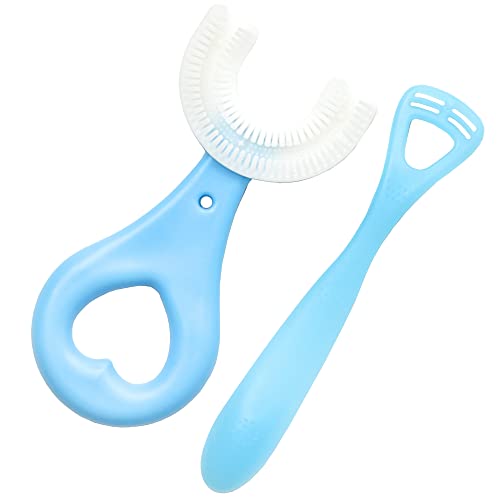 [2PC] Kids U Shaped Tooth Brush Safe Brushing For Teeth and Gums with Silicone Soft Tongue Scraper Cleaner [Ages 2-6] Blue