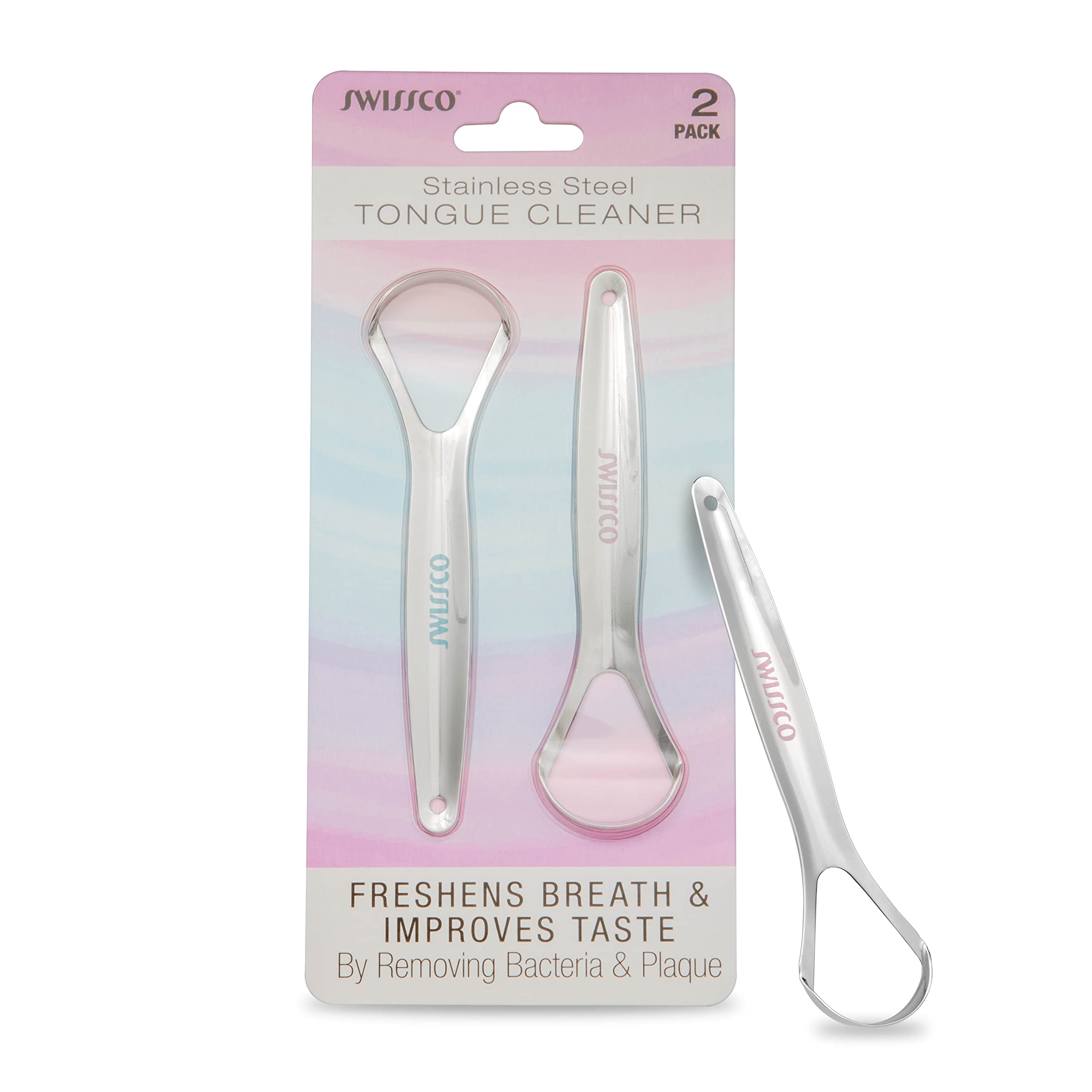 Tongue Scraper by Swissco | Stainless Steel Tongue Cleaner | Reduces Bad Breath, Improves Oral Care | Pack of 2 Tongue Scrapers