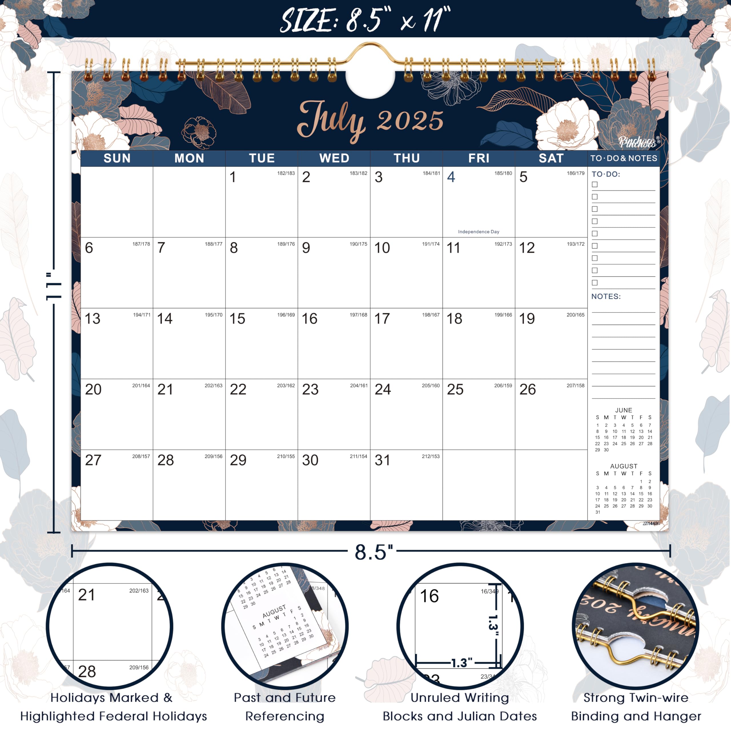 2025-2026 Calendar - Wall Calendar 2025-2026, Jul.2025 - Dec.2026, 8.5" x 11", 2025-2026 Wall Calendar with Twin-Wire Binding, Hanging Hook, Unruled Block - Engraved Art Floral