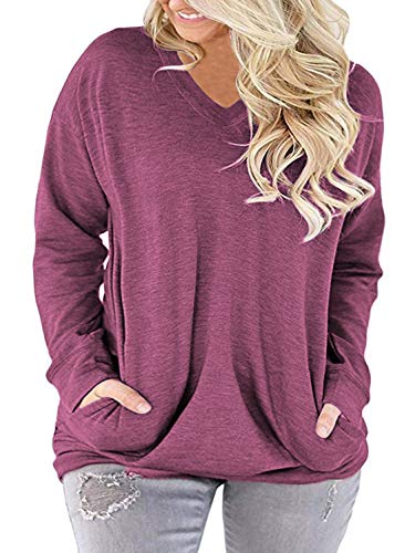 Fall Shirts for Women Plus Size Casual Long Sleeve Sweatshirts Tops Wine Red 16W