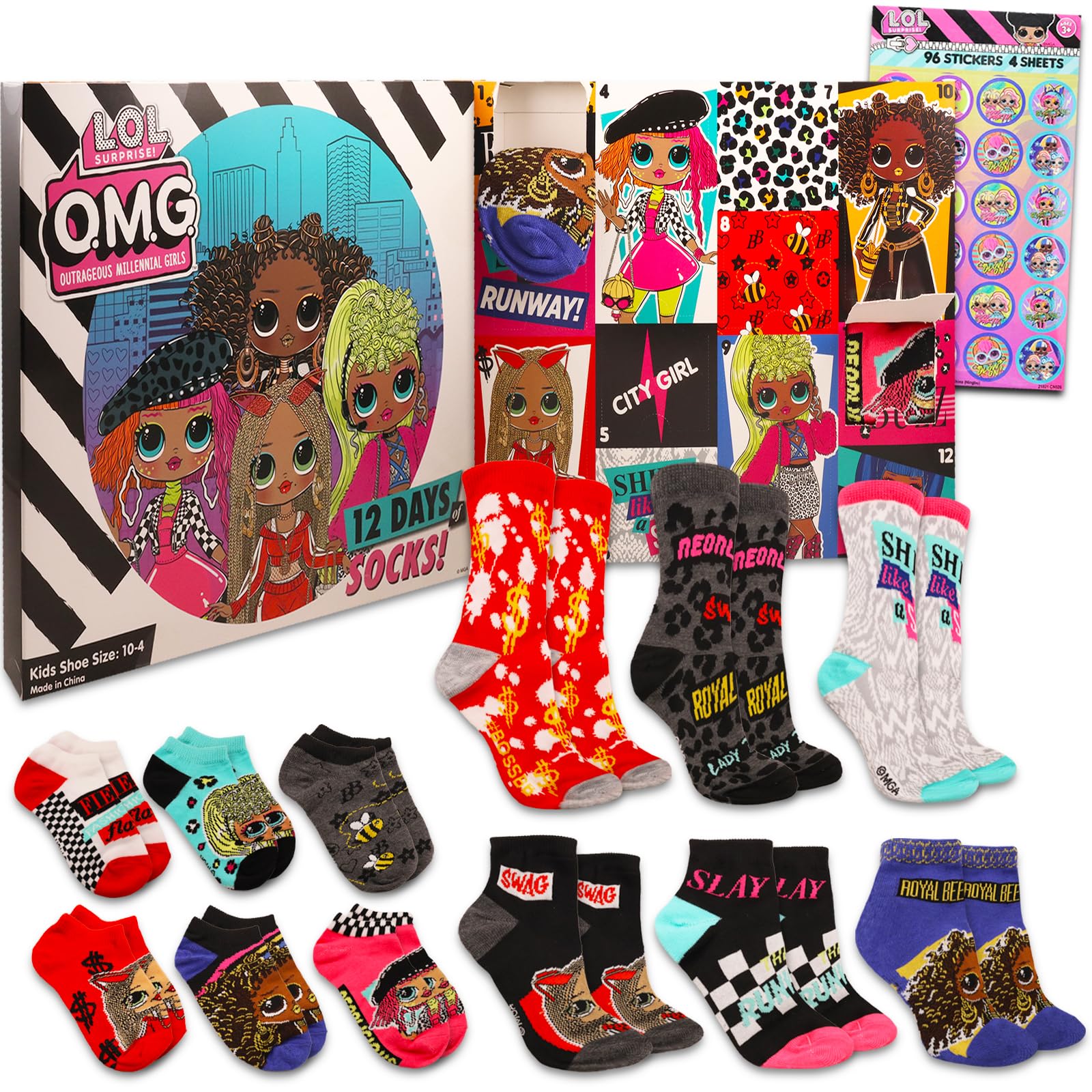 Game Party LOL Surprise Countdown to Birthday Calendar Socks Set - Bundle with 12 Pairs of LOL OMG Socks for Girls Size 10-4 Plus LOL Doll Stickers | LOL Sock Gift Box Set