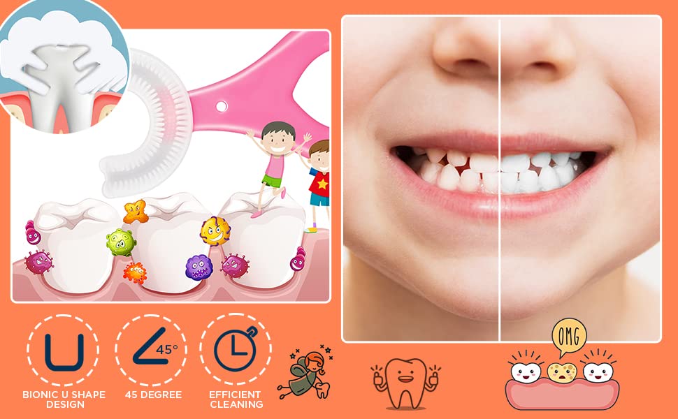 [2PC] Kids U Shaped Tooth Brush Safe Brushing For Teeth and Gums with Silicone Soft Tongue Scraper Cleaner [Ages 2-6] Blue