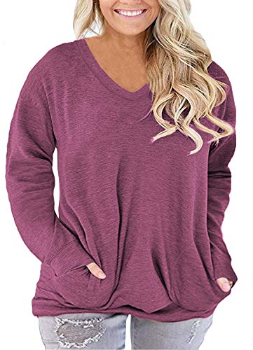 Fall Shirts for Women Plus Size Casual Long Sleeve Sweatshirts Tops Wine Red 16W