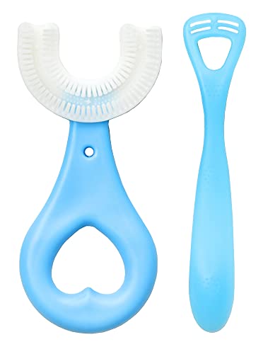 [2PC] Kids U Shaped Tooth Brush Safe Brushing For Teeth and Gums with Silicone Soft Tongue Scraper Cleaner [Ages 2-6] Blue