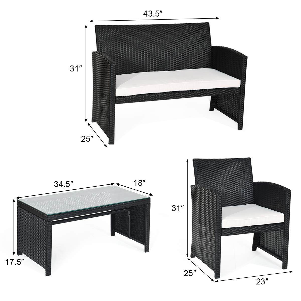 Tangkula Patio Wicker Conversation Furniture Set, Patiojoy Sofa & Table Set w/4 Seats, Outdoor Rattan Sofa Set for Balcony Backyard, Wicker Chair Set with Tempered Glass Coffee Table (1, White)