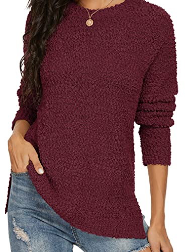 GRECERELLE Women’s Fuzzy Knitted Sweater Sherpa Fleece Side Slit Long Sleeve Loose Fit Jumper Outwears Pullover Sweater Blouse Wine Red-Mudium