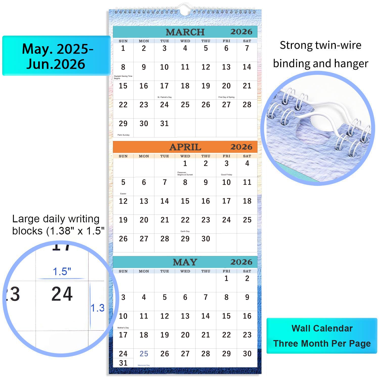 2025-2026 Wall Calendar - April 2025 - July 2026, 3-Month Display Vertical Calendar 2025-2026, Calendar Planner, 11" x 26", Large, Lay- Flat, Perfect for Your Busy Schedule