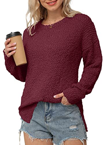 GRECERELLE Women’s Fuzzy Knitted Sweater Sherpa Fleece Side Slit Long Sleeve Loose Fit Jumper Outwears Pullover Sweater Blouse Wine Red-Mudium