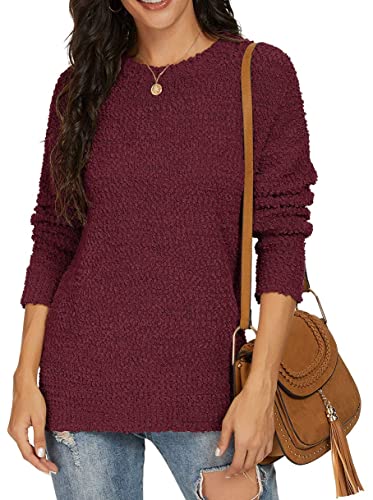 GRECERELLE Women’s Fuzzy Knitted Sweater Sherpa Fleece Side Slit Long Sleeve Loose Fit Jumper Outwears Pullover Sweater Blouse Wine Red-Mudium