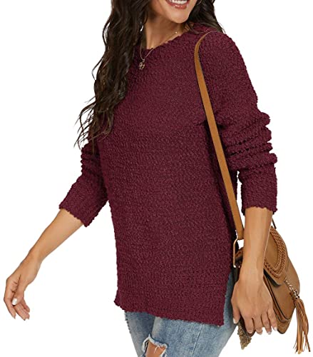 GRECERELLE Women’s Fuzzy Knitted Sweater Sherpa Fleece Side Slit Long Sleeve Loose Fit Jumper Outwears Pullover Sweater Blouse Wine Red-Mudium