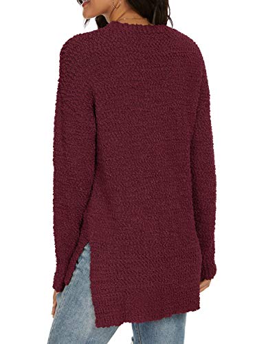 GRECERELLE Women’s Fuzzy Knitted Sweater Sherpa Fleece Side Slit Long Sleeve Loose Fit Jumper Outwears Pullover Sweater Blouse Wine Red-Mudium