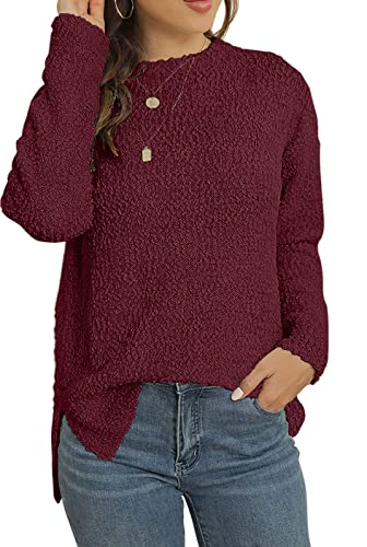 GRECERELLE Women’s Fuzzy Knitted Sweater Sherpa Fleece Side Slit Long Sleeve Loose Fit Jumper Outwears Pullover Sweater Blouse Wine Red-Mudium