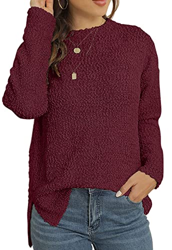 GRECERELLE Women’s Fuzzy Knitted Sweater Sherpa Fleece Side Slit Long Sleeve Loose Fit Jumper Outwears Pullover Sweater Blouse Wine Red-Mudium