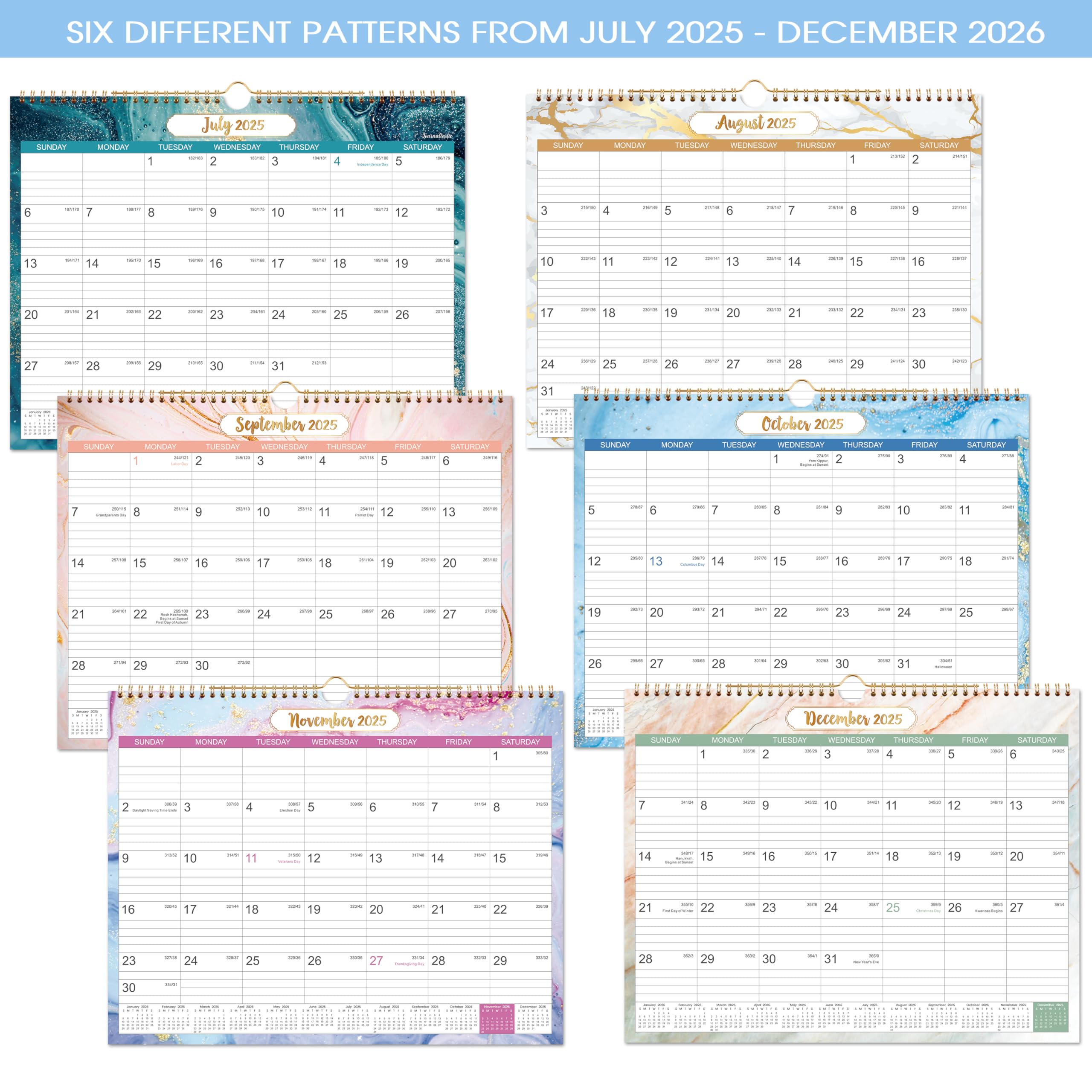 2025-2026 Calendar - 2025-2026 Wall Calendar with Julian Date, Jul 2025 - Dec 2026, Twin-Wire-Bound, 14.76”x 11.6”, Thick Paper Perfect for Organizing & Planning, 6 Different Background Patterns