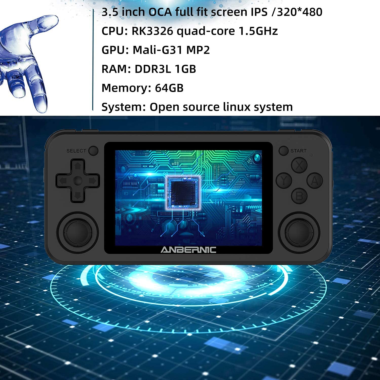 ANBERNIC RG351P Handheld Game Console with 64G TF Card 2500 Classic Games 3.5 Inch IPS Screen 3500mAh Battery, Video Games Player with Open Source System RK3326 Chip Quad-core (RG351P Black)