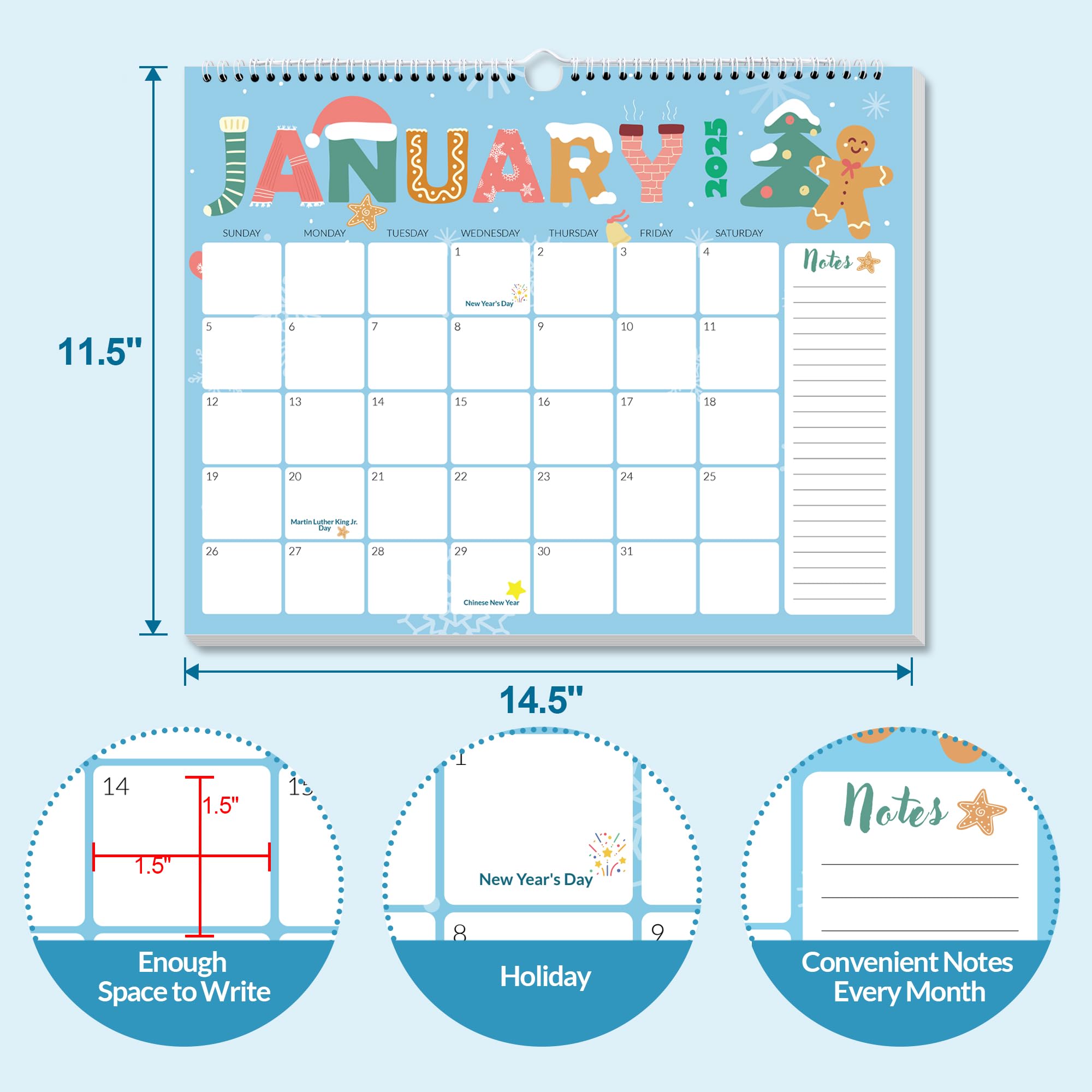 SUNEE Calendar 2024-2025- 18 Months Wall Calendar Oct. 2024 - Mar. 2026, 14.5"x11.5" Big Grid Hanging Calendar with Note for Organizing & Planning, Cute