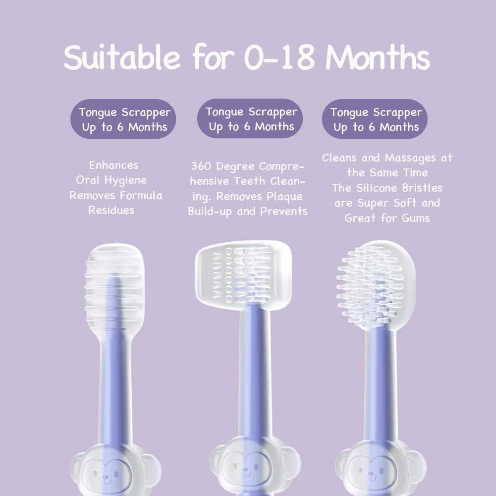 PandaEar 3 Pack Silicone Toddler Toothbrushes 0 to 18 Months, Baby Tongue Cleaner + U-Shaped ToothScrubber + First Toothbrush Teething, Gum Oral Cleaner