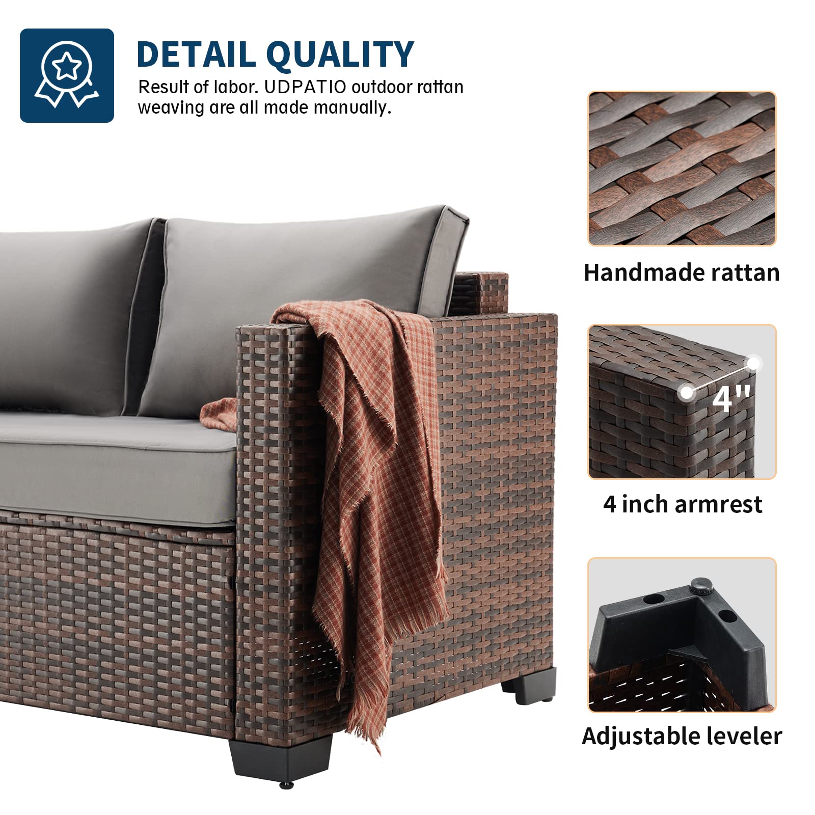 UDPATIO Outdoor Patio Furniture Set 5 Piece Wide Armrest Rattan Patio Sofa Sets w/Storage Table and Waterproof Covers for Poolside Deck Backyard, Grey