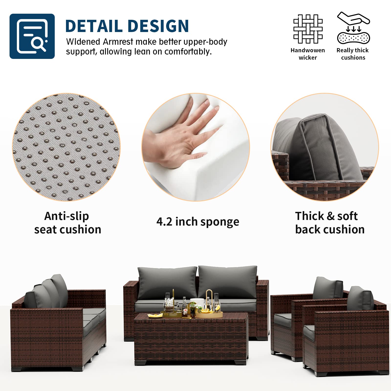 UDPATIO Outdoor Patio Furniture Set 5 Piece Wide Armrest Rattan Patio Sofa Sets w/Storage Table and Waterproof Covers for Poolside Deck Backyard, Grey