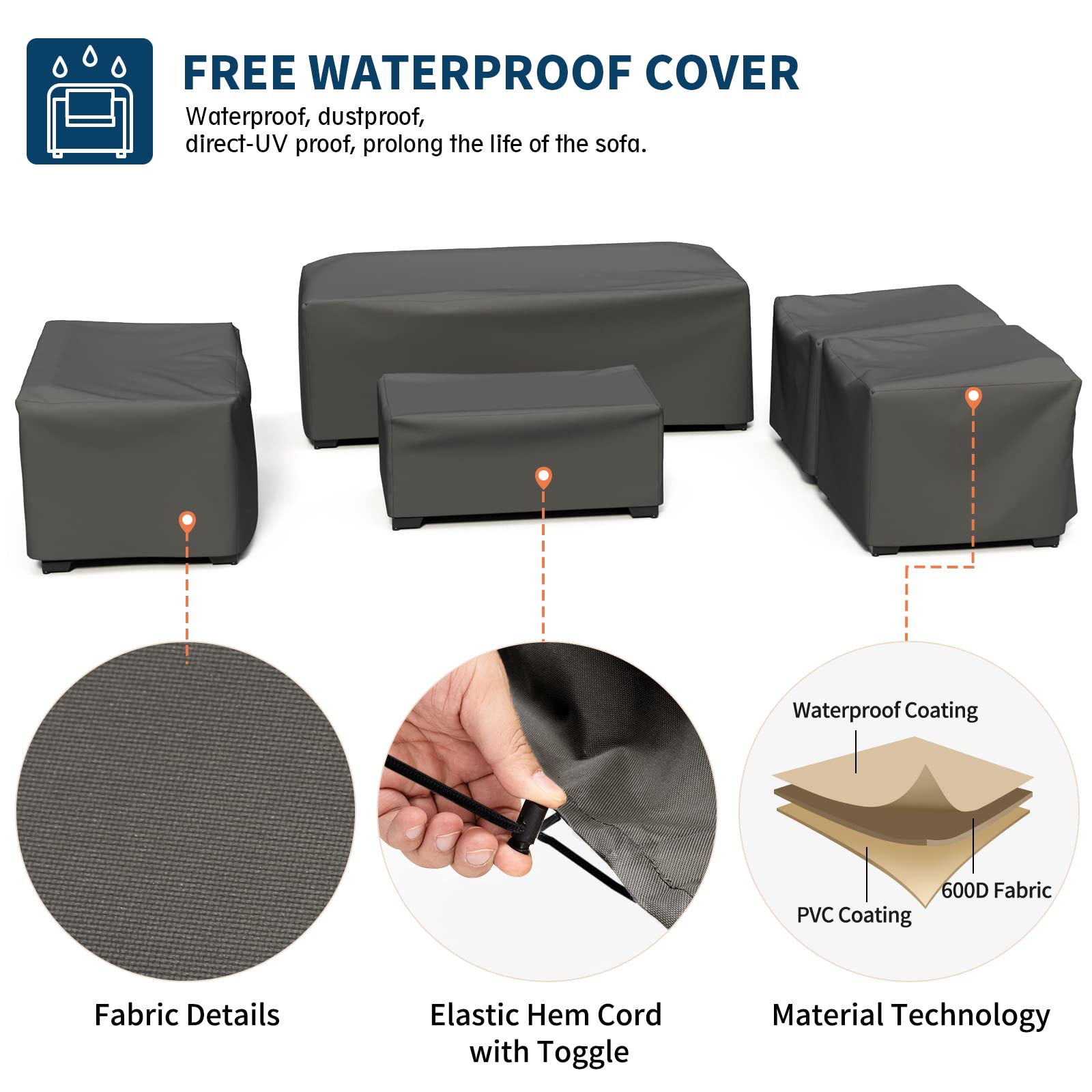 UDPATIO Outdoor Patio Furniture Set 5 Piece Wide Armrest Rattan Patio Sofa Sets w/Storage Table and Waterproof Covers for Poolside Deck Backyard, Grey