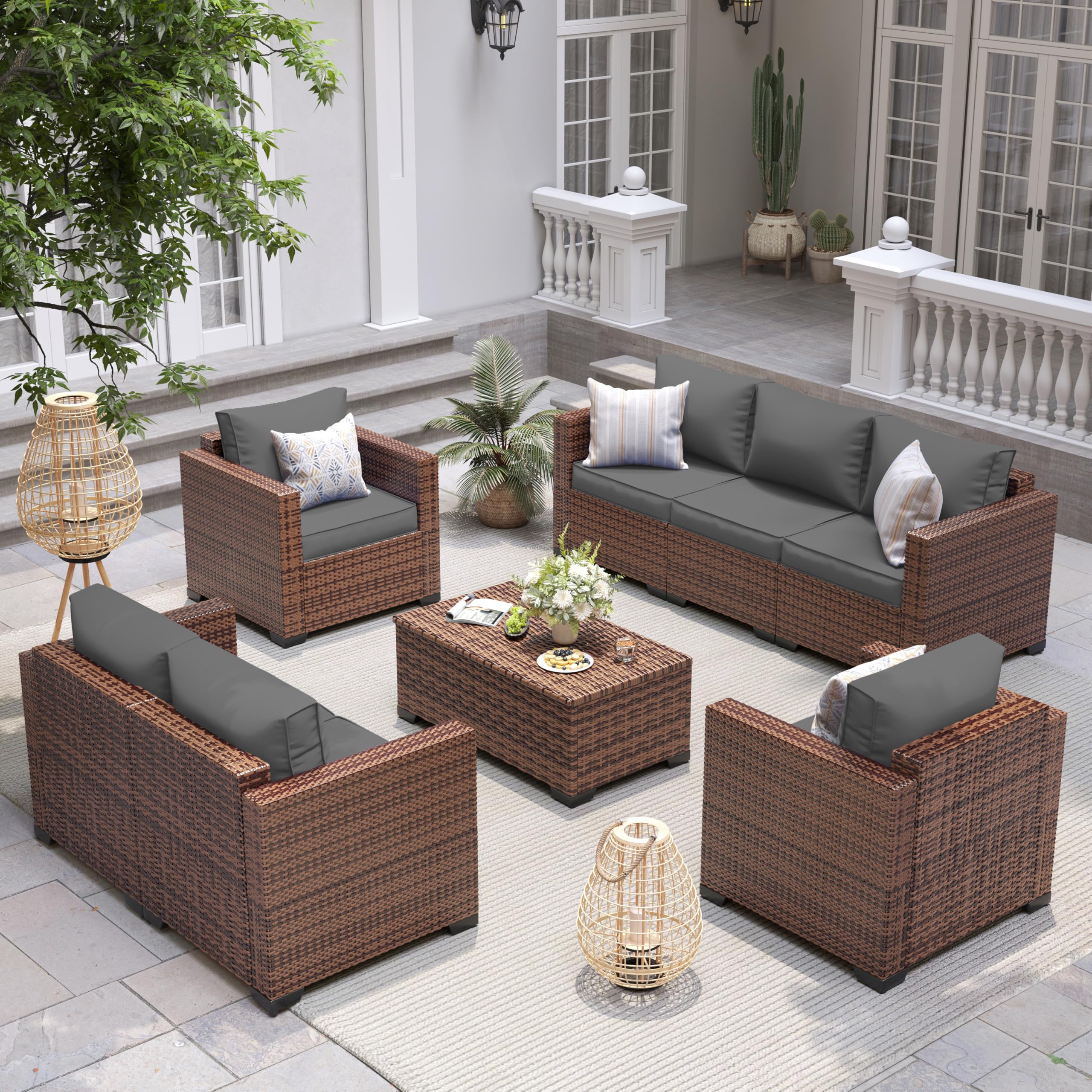 UDPATIO Outdoor Patio Furniture Set 5 Piece Wide Armrest Rattan Patio Sofa Sets w/Storage Table and Waterproof Covers for Poolside Deck Backyard, Grey