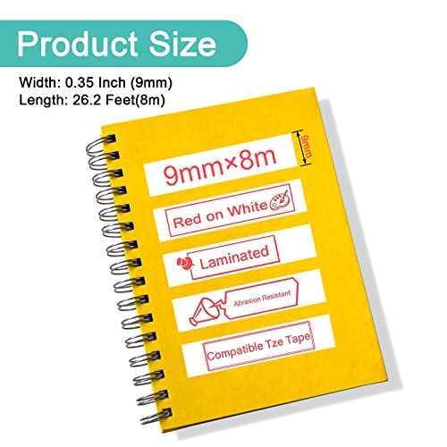 NineLeaf 4PK Compatible for Brother P-Touch TZe-222 TZe222 TZ-222 TZ222 9mm 0.35 Inch 3/8'' White on Red Laminated Ptouch Label Tape Work in PT-D800W PT-E200 PT-E300 PT-E500 PT-E550W Label Maker