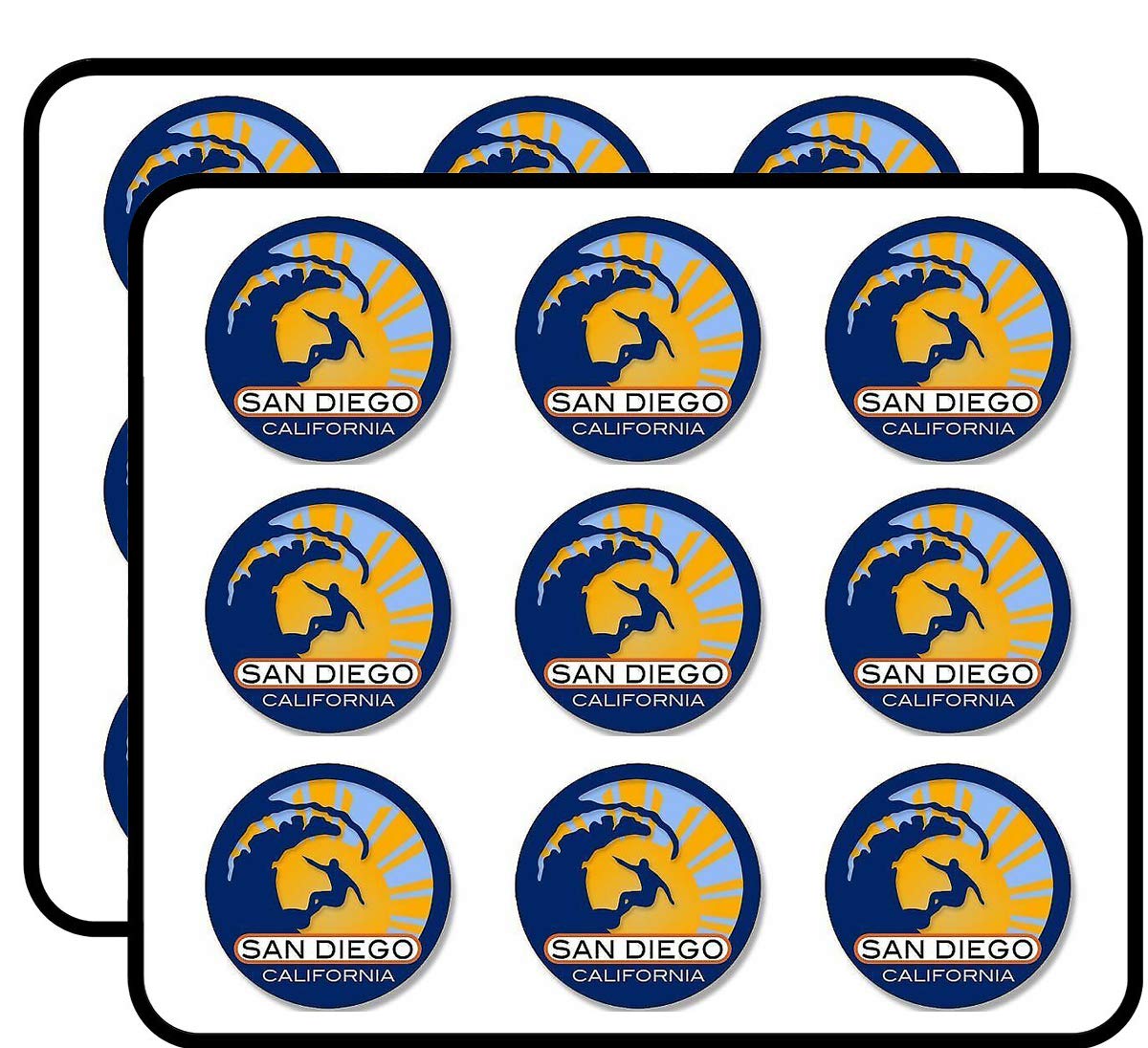 Round Surfer On Wave SAN Diego California - Surfing surf Beach Sticker for Scrapbooking, Calendars, Arts, Album, Bullet Journals 2" 18 Pack