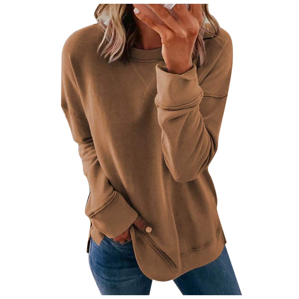 DOLKFU Womens Color Block Printed Sweatshirts Crewneck Pullover Shirts Long Sleeve Boluse Tops Side Split 2022 Trendy Winter Clothes, Khaki #29, X-Large