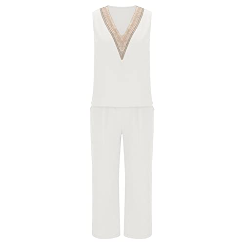 H-626 White Womens Pants Sets Faux Gauze Linen Pants Sets for Ladies Capri Cami Tank Flared Wide Leg Basic Bootcut Summer Fall Pants Sets Button 2023 Clothing Y2K MR XL